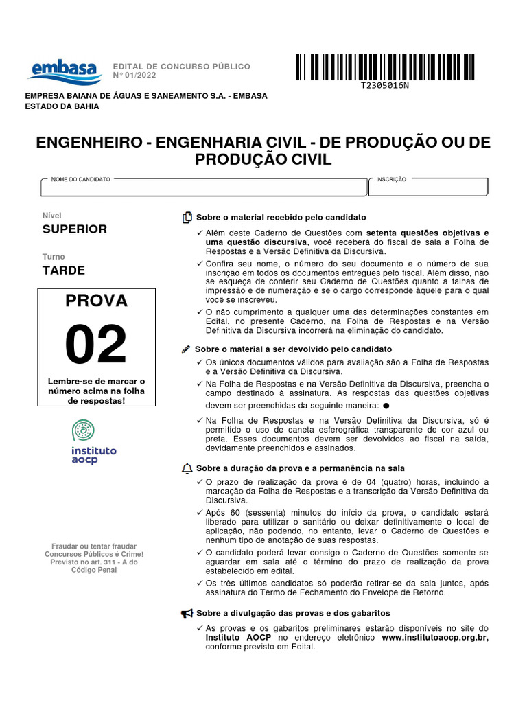 Prova Concurso Engenheiro Civil EMBASA 2022 | PDF | Tecnologia e Engenharia