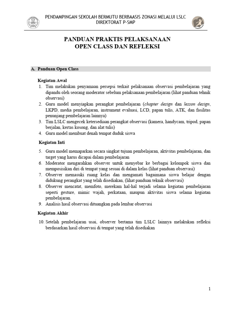 Panduan Praktis Pelaksanaan Open Class Dan Refleksi | PDF