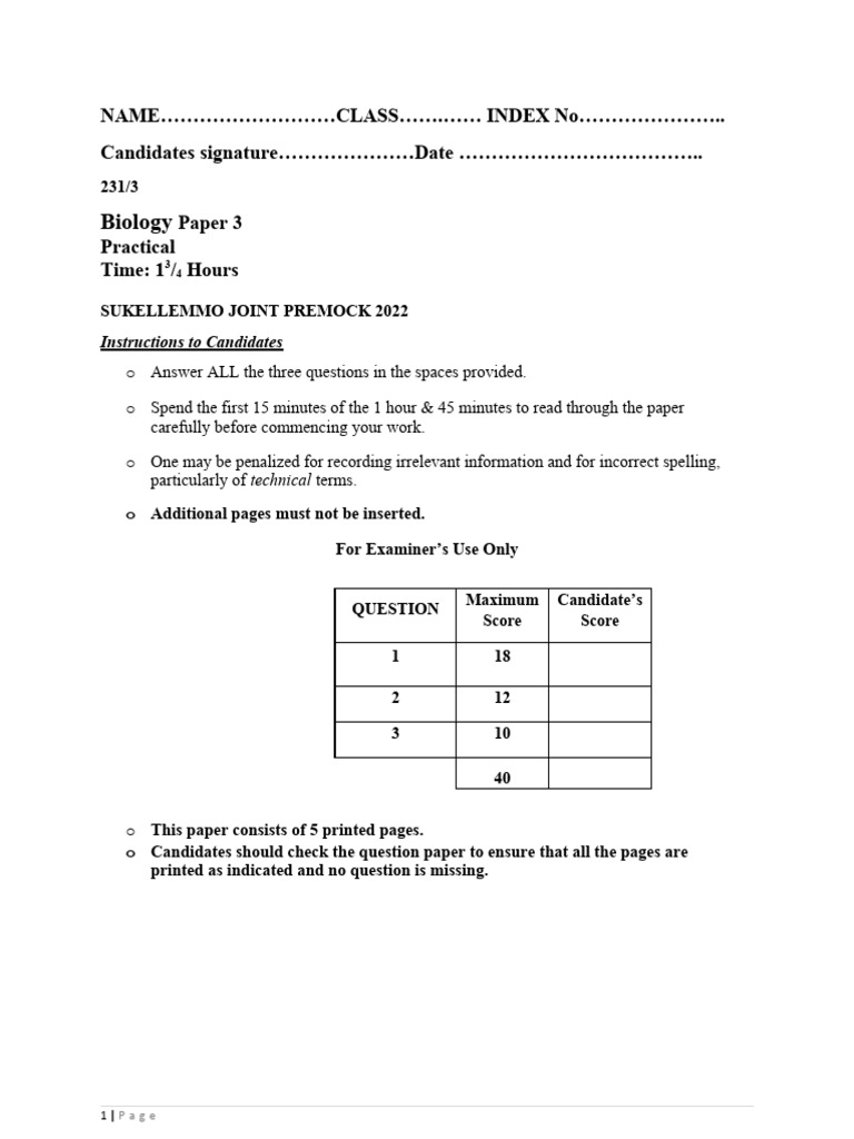Sukellimo Bio Pp3 Qns Teacher Co Ke | PDF | Chemistry | Physical Sciences