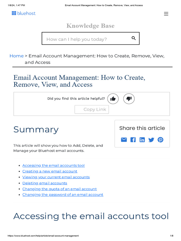 Email Account Management - How To Create, Remove, View, and Access | PDF