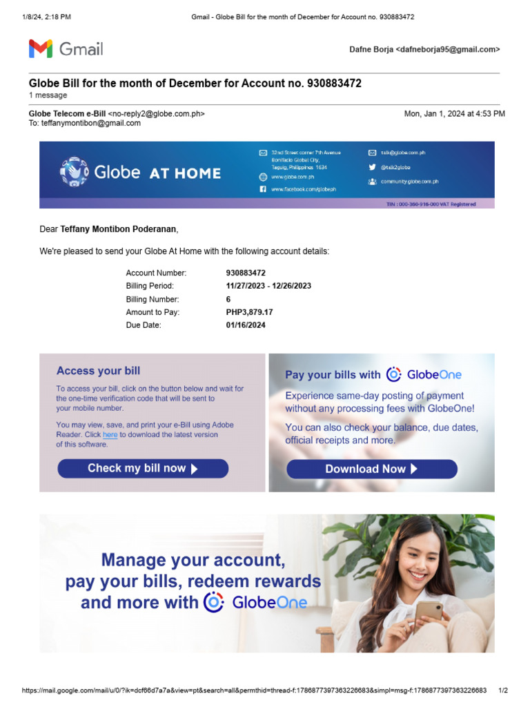 Gmail - Globe Bill For The Month of December For Account No. 930883472 | PDF