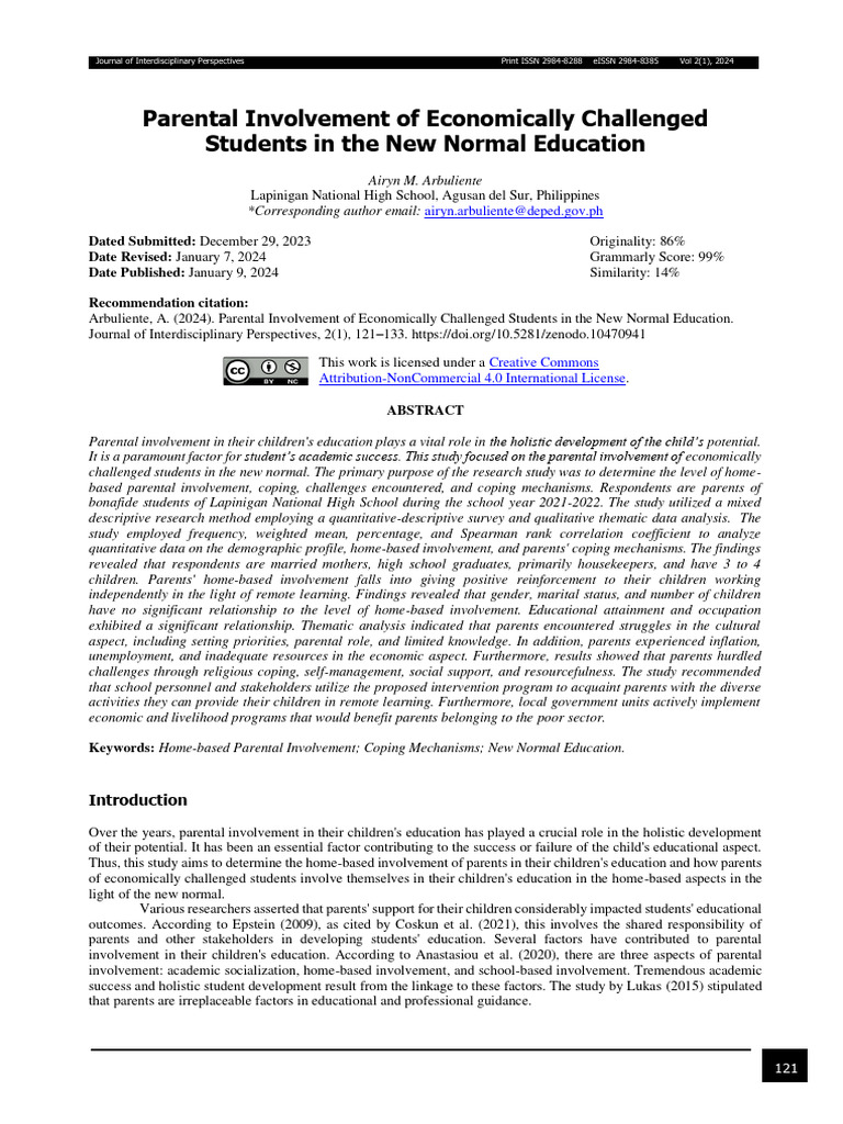 Parental Involvement of Economically Challenged Students in The New Normal Education | PDF