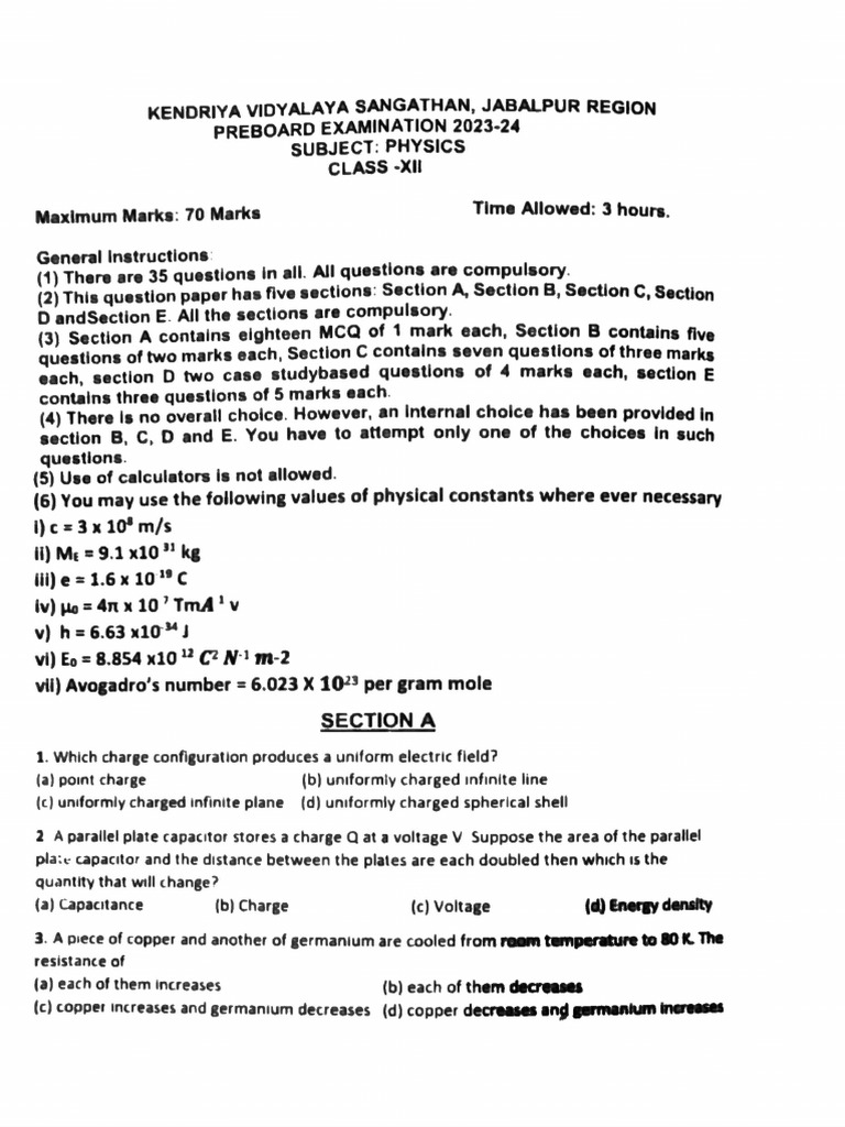 Preboard 1 Physics | PDF