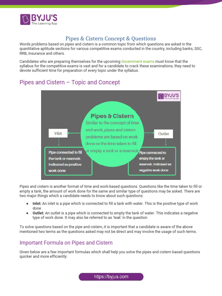 Pipes and Cistern Questions and Concept | PDF