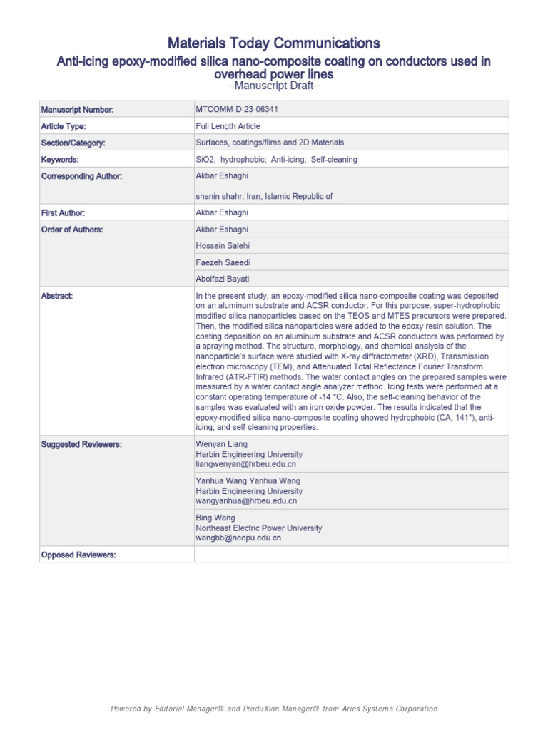 Materials Today Communications Anti-Icing Epoxy-Modified Silica Nano-Composite Coating On ...