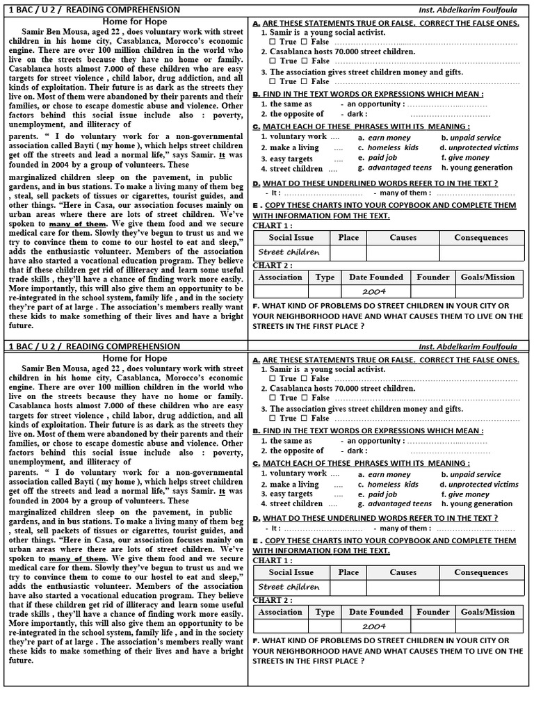 Toaz - Info-1-Bac-Reading-U2-Society-Pr - Word | PDF | Volunteering