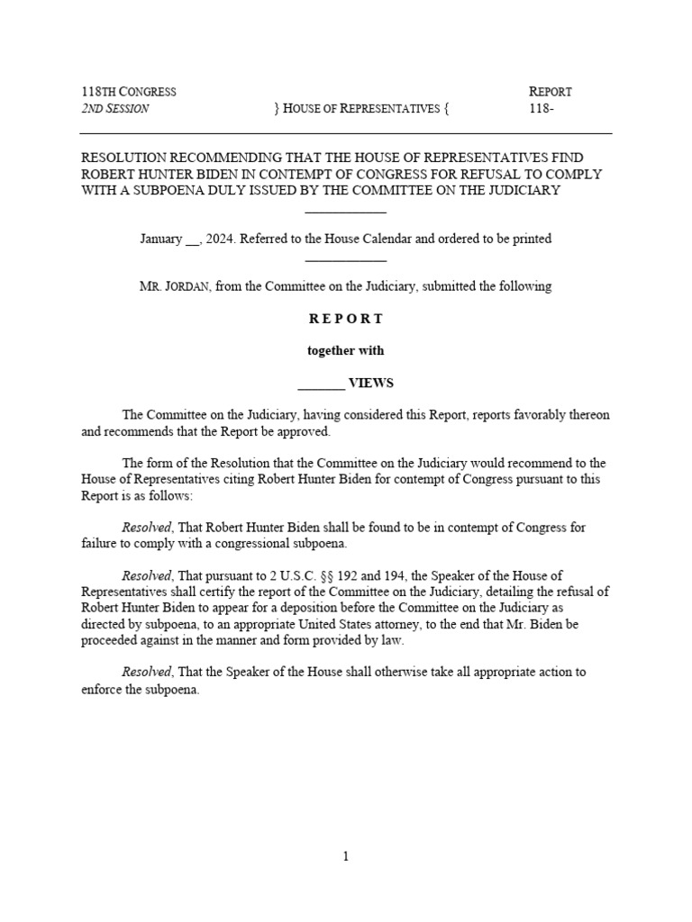 Hunter Biden Contempt Report (Judiciary) | PDF | United States Congress ...
