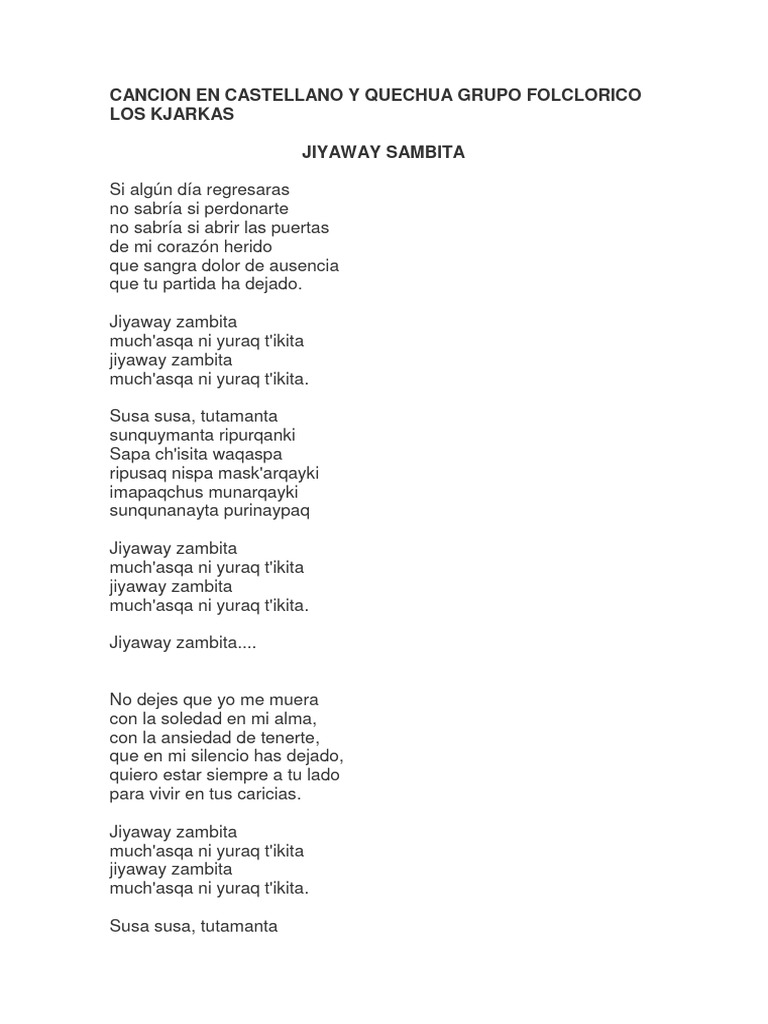 Cancion en Castellano y Quechua Grupo Folclorico Los Kjarkas | PDF