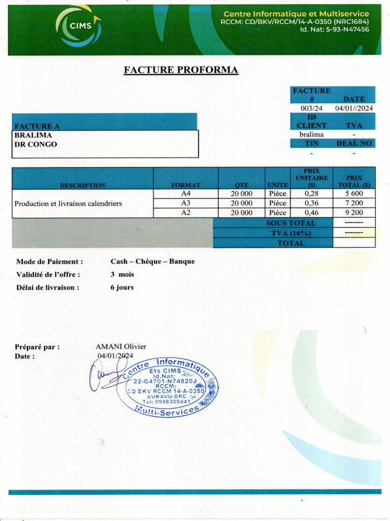 Facture Proforma-Cims Bral 2024 | PDF