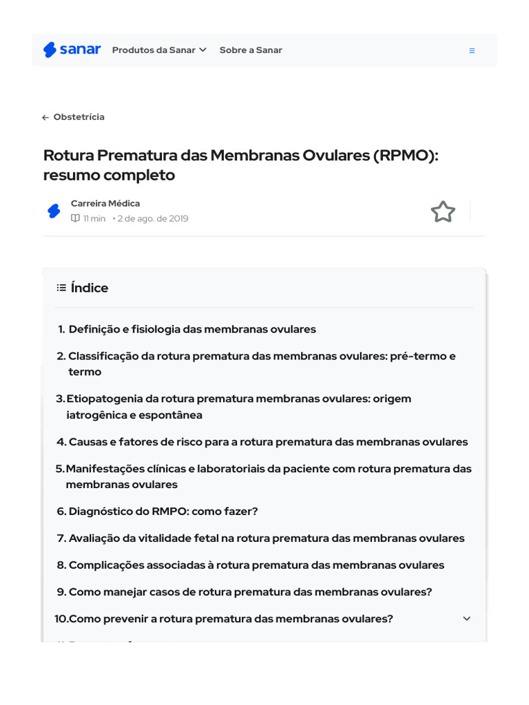 Rotura Prematura Das Membranas Ovulares (RPMO)- Resumo Completo - Sanar ... Rotura Prematura Das Membranas Ovulares (RPMO)- Resumo Completo - Sanar ...