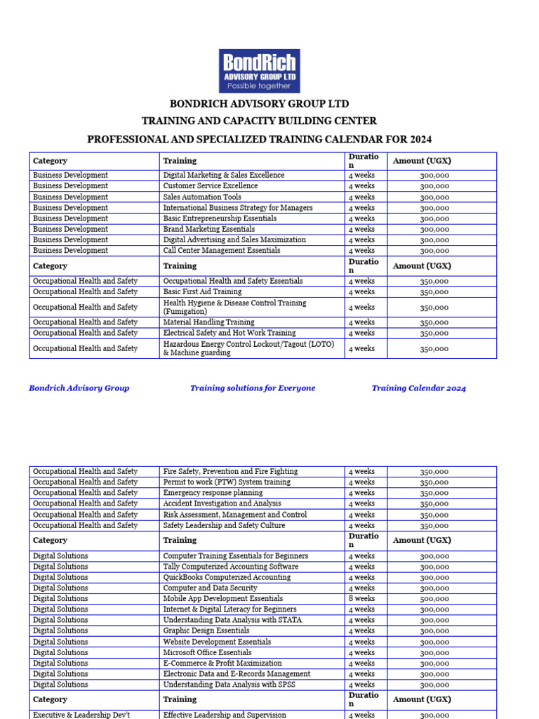 Bondrich Training Calendar 2024 | PDF