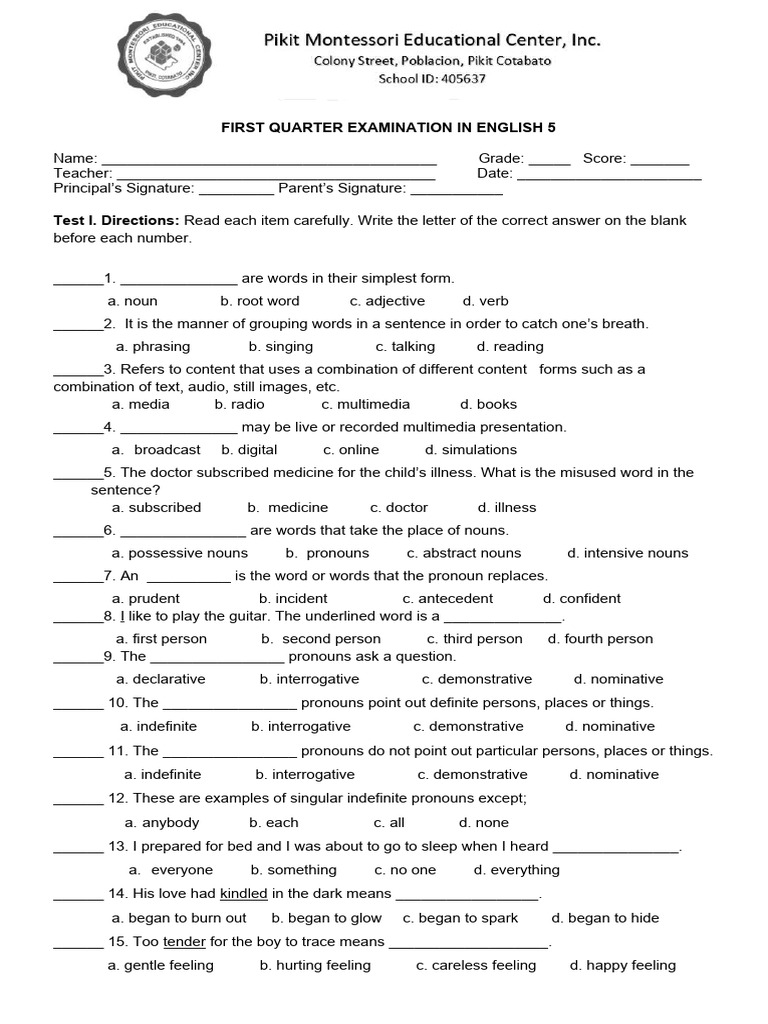 G5 1st Quarter Exam Eng, Sci | PDF