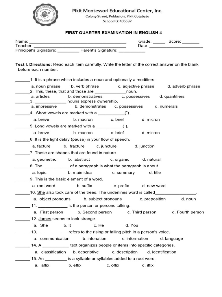 G4 1st Quarter Exam Eng, Sci | PDF | Noun | Water