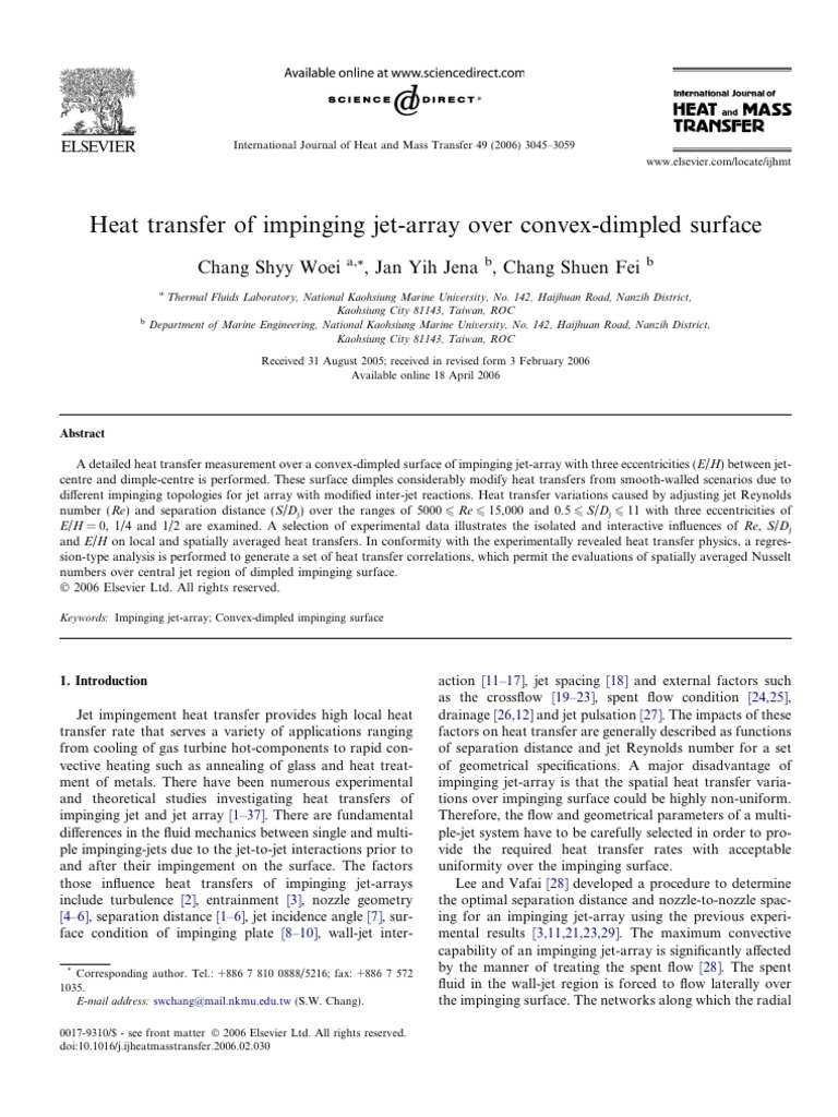 2006, Heat Transfer of Impinging Jet-Array Over Convex-Dimpled Surface, Chang Shyy Woei | PDF ...
