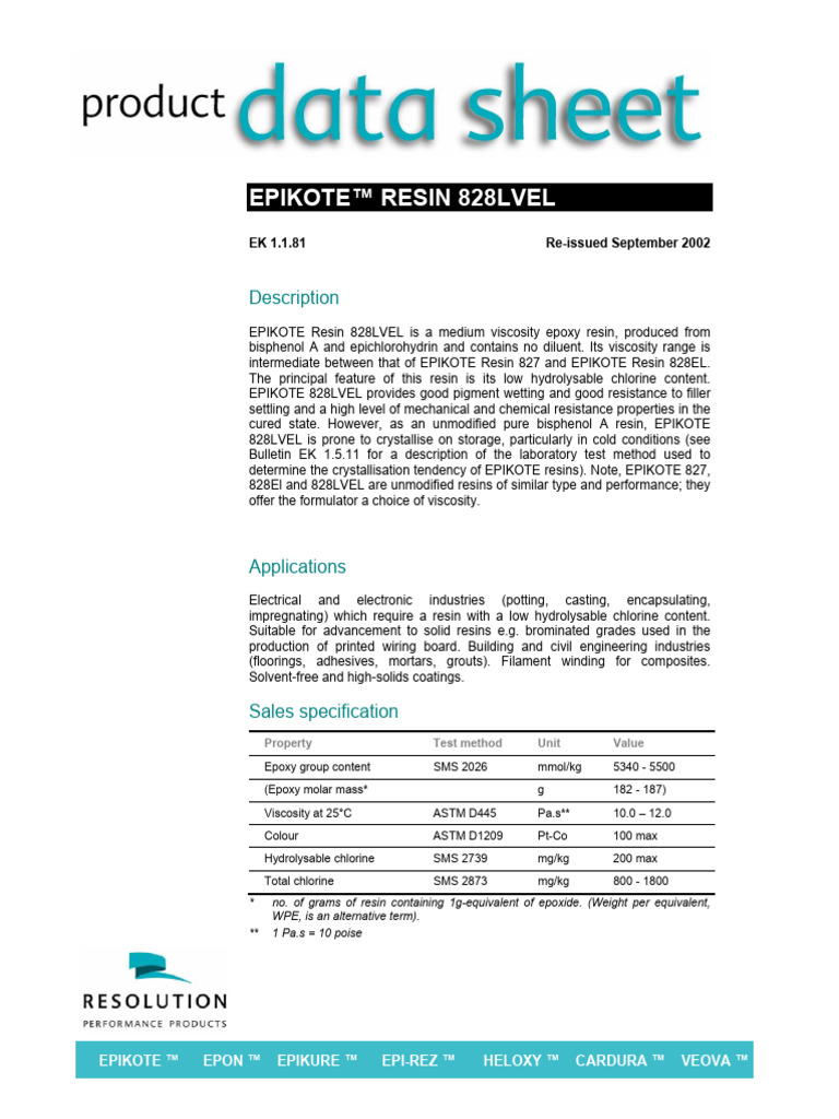 EPIKOTE RESIN 828LVEL | PDF | Epoxy | Materials