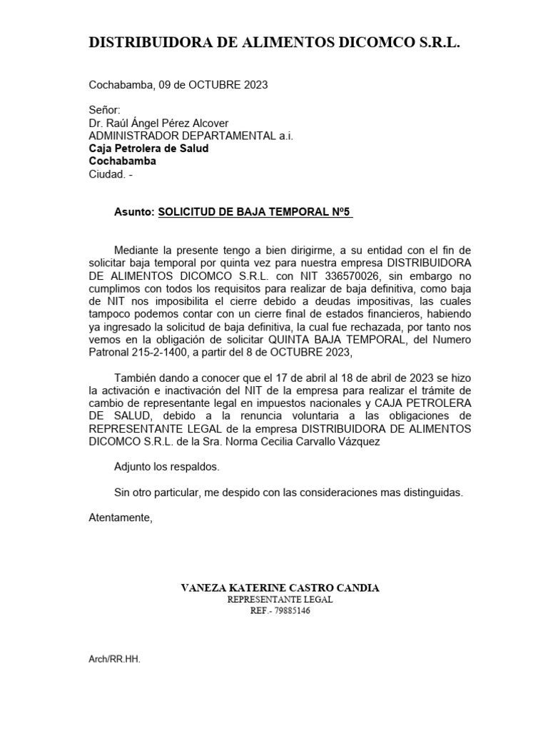 Carta de Solicitud de 5 Baja Temporal DICOMCO | PDF | Hogar y jardín