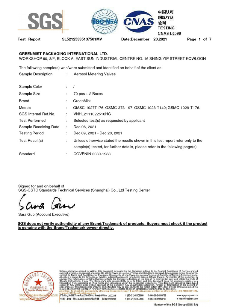 Aerosol Metering Valves Test Report | PDF | Valve | Authentication