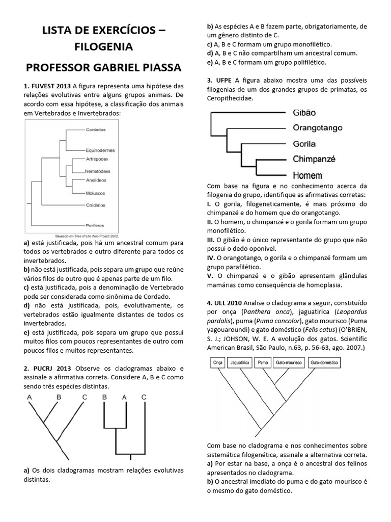 Lista de Exercc3adcios Filogenia | PDF