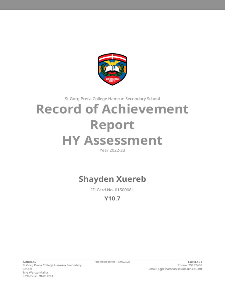 St Gorg Preca College Y10 Report 2023 | PDF