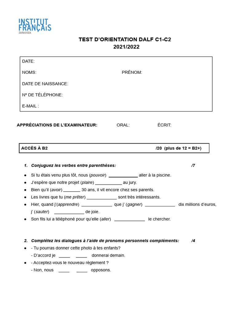Test Dorientation Dalf c1 c2 2021 2022docx | PDF
