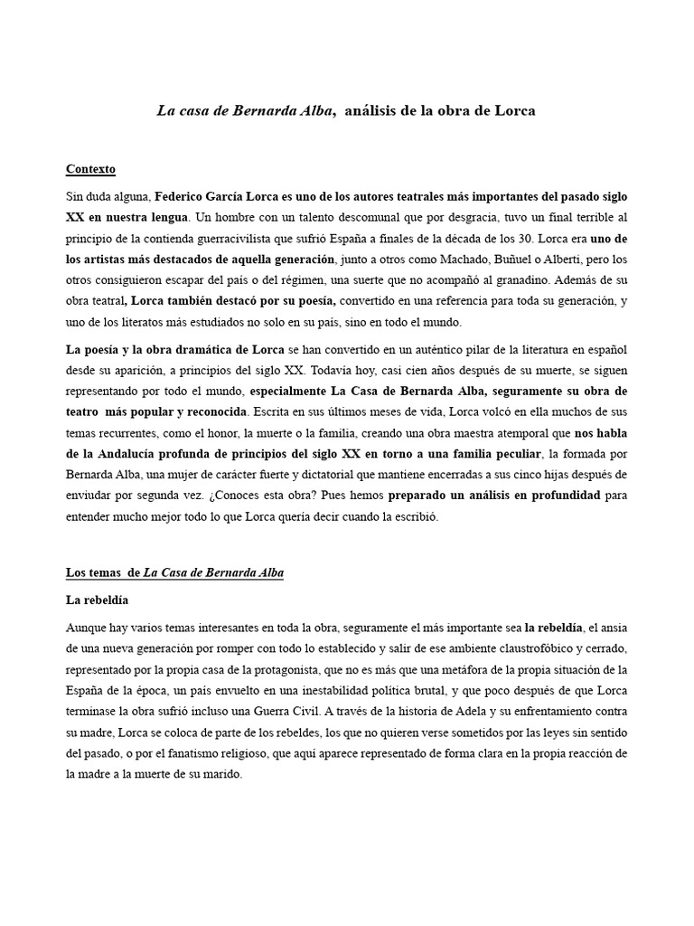 Análisis de La Casa de Bernarda Alba | PDF | Federico García Lorca | Amor