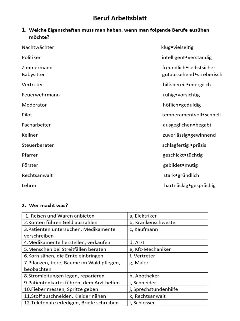 Beruf Arbeitsblatt | PDF