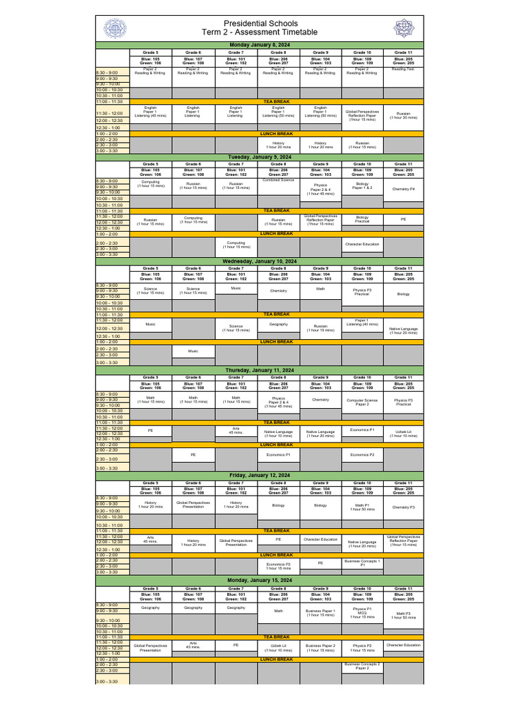 Term 2 Exam Timetable (Official) | PDF
