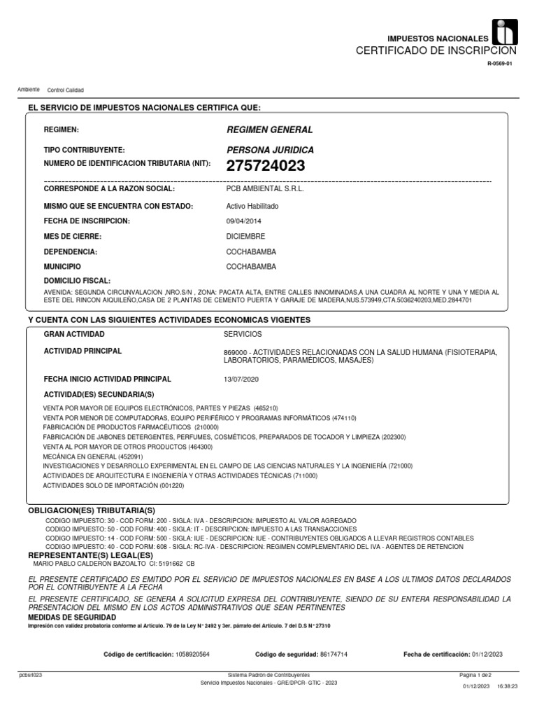 Certificado de Inscripción NIT | PDF | Impuestos