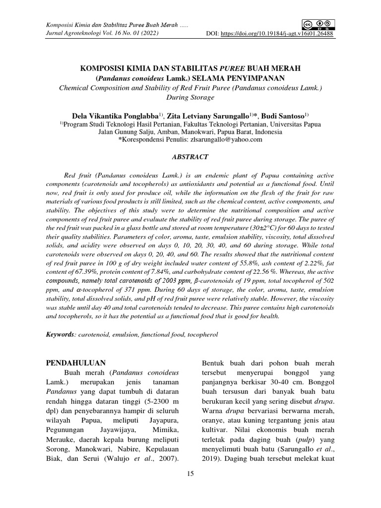 Komposisi Kimia Dan Stabilitas Puree Buah Merah (Pandanus Conoideus ...