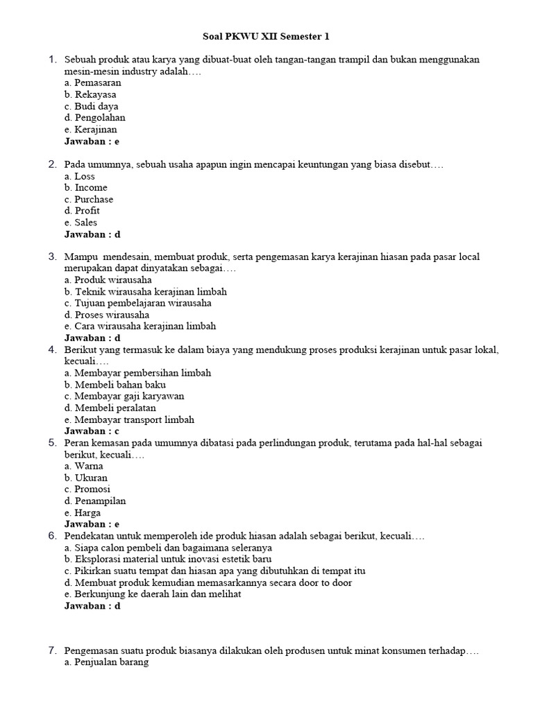 Soal PKWU XII Semester 1 2022 | PDF