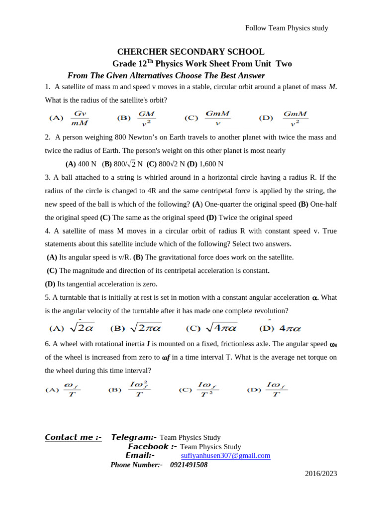 Grade 12 Phys Work Sheet | PDF