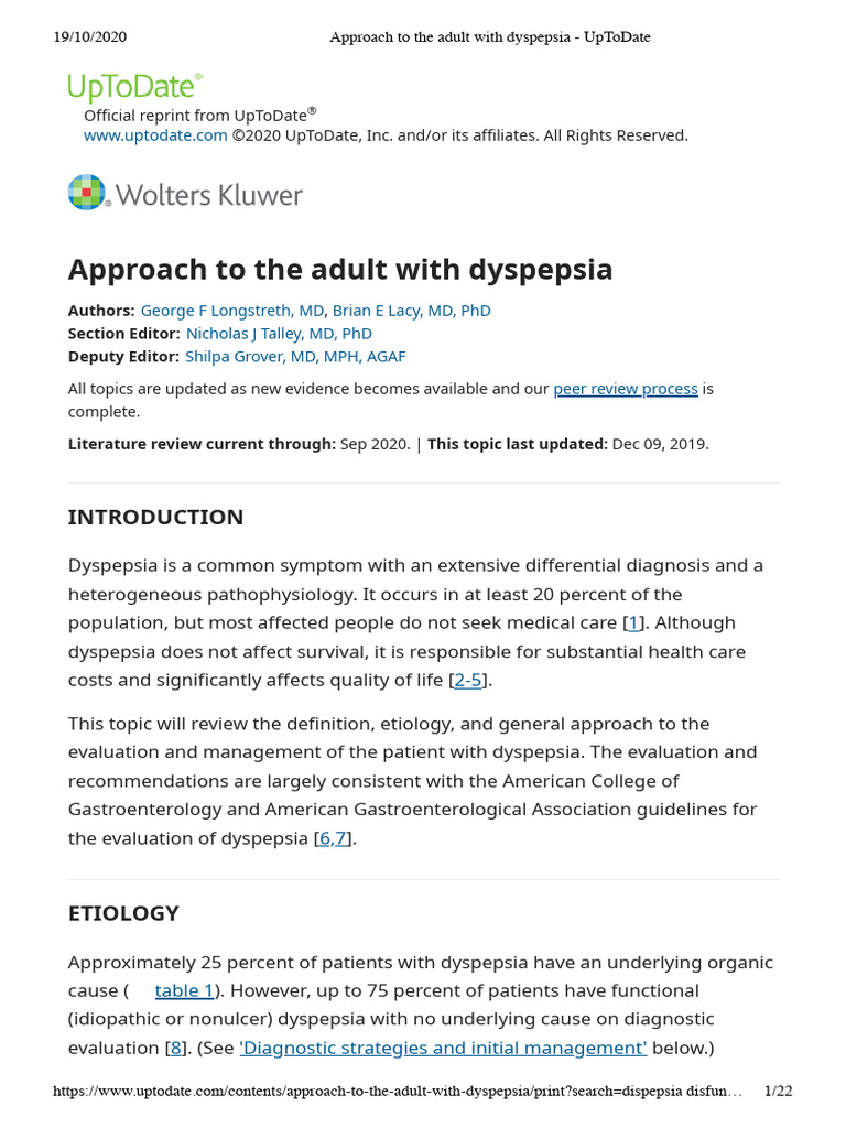 Approach To The Adult With Dyspepsia - UpToDate | PDF | Wellness