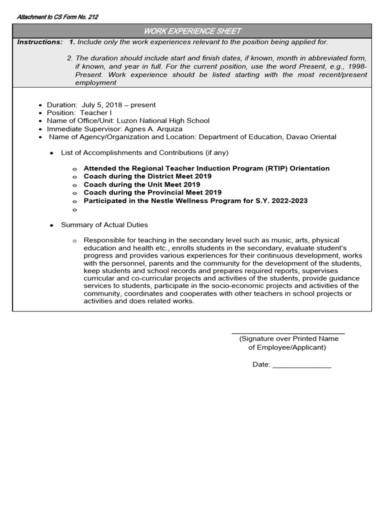CS-Form-No.-212-Attachment-Work-Experience-Sheet | PDF