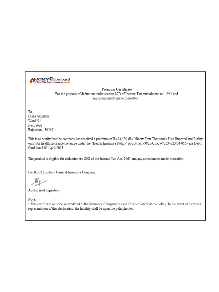 Health Insurance Premium Certificate | PDF