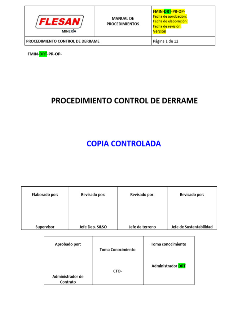 Procedimiento Control de Derrame (SST-MA) | PDF