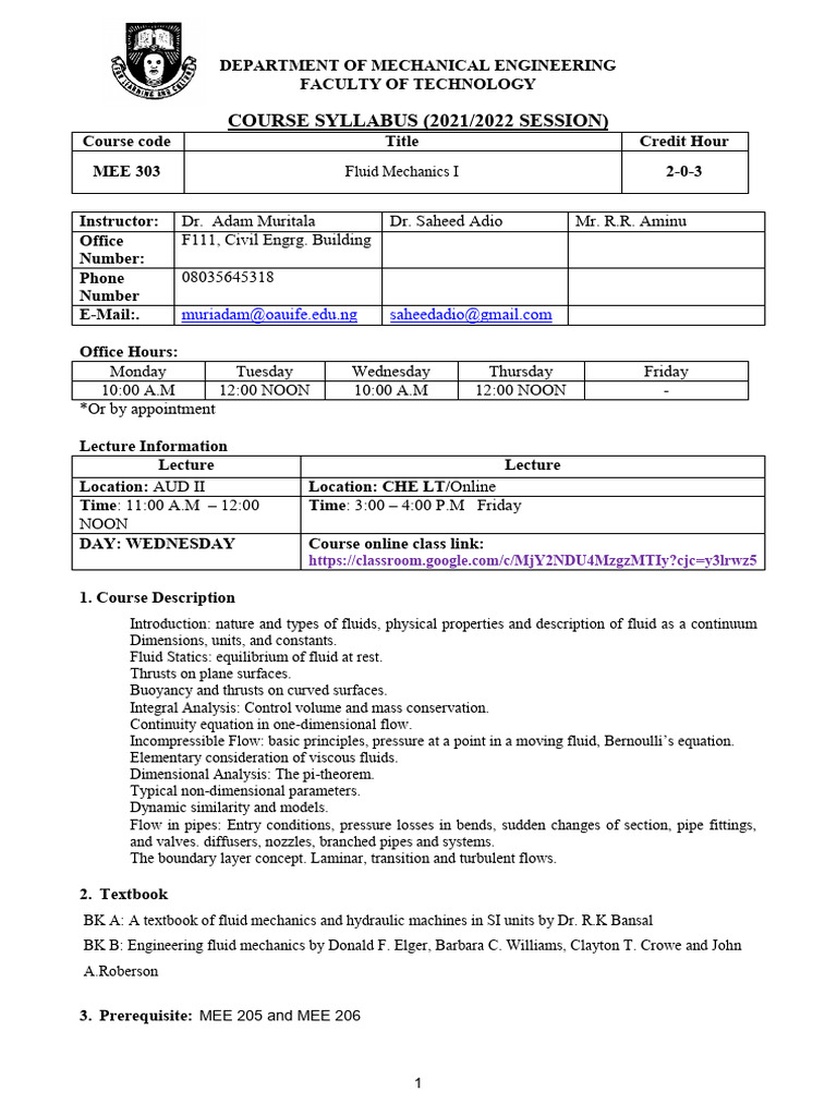 Mee 303 Course Syllabus - 2023 | PDF | Fluid Mechanics | Fluid Dynamics