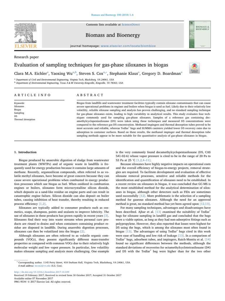 Evaluation of Sampling Techniques For Gas-Phase Siloxanes in Biogas ...