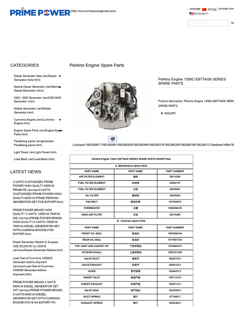 Perkins Engine 1306C-E87TAG6 SERIES SPARE PARTS | PDF | Piston | Diesel ...