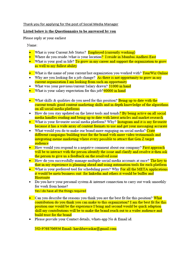 Social Media Manager-Questionnaire | PDF | Social Media | Popular ...