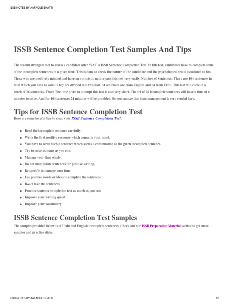 Issb Sentence Completion Test Samples and Tips - Issb Guide-1 | PDF ...