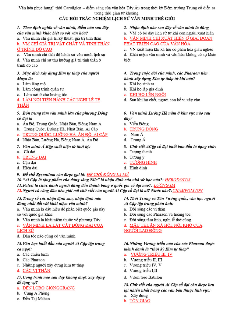 123doc Cau Hoi Trac Nghiem Lich Su Van Minh The Gioi Co Dap An | PDF