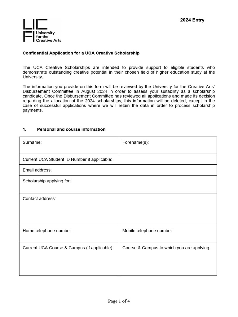 Confidential Application For A UCA Creative Scholarship: 2024 Entry | PDF | Career & Growth