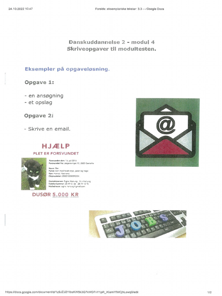 DU2. Modul 4. Skrivning. Modeltekster - Opslag, Ansøgning Og E-Mail | PDF