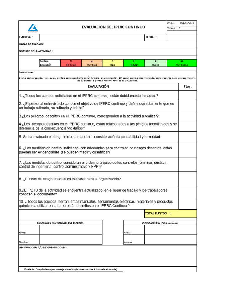 FOR-SSO-018 Evaluación IPERC Continuo | PDF