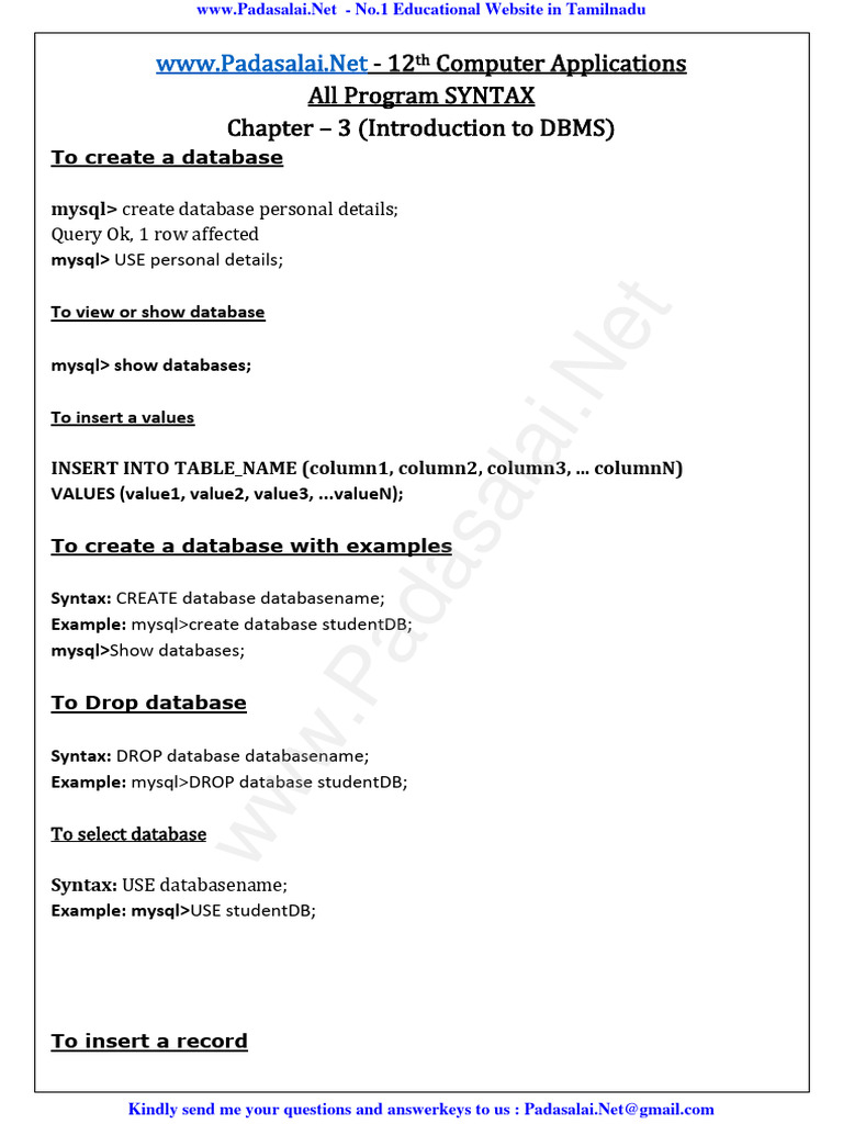 12th Computer Applications EM Syntax Study Materials English Medium PDF ...