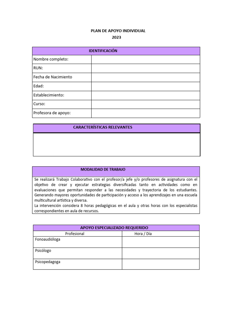 PLAN DE APOYO INDIVIDUALmodelo | PDF