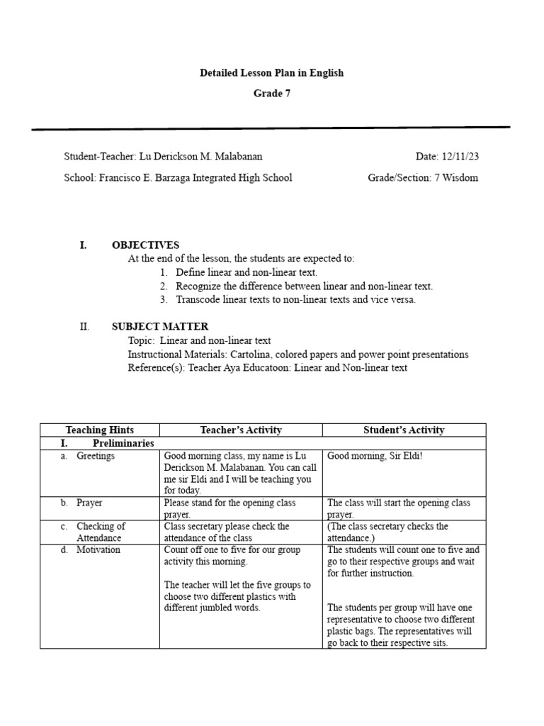 Detailed Lesson Plan in English 7 (Linear Text and Non-Linear Text) | PDF
