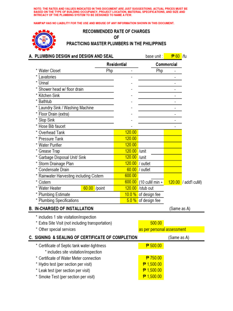 Recommended Rate of Charges of Practicing Master Plumber Nampap | PDF ...