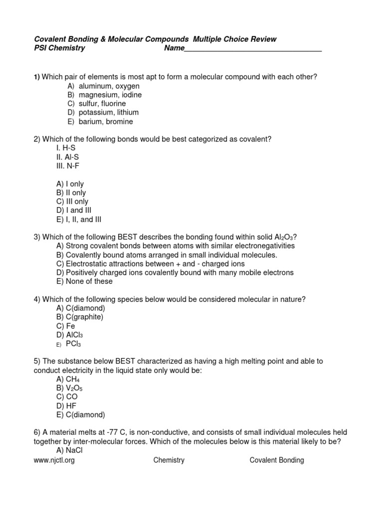 Covalent Bonding Molecular Compounds Multiple Choice 2013 03 01 | PDF