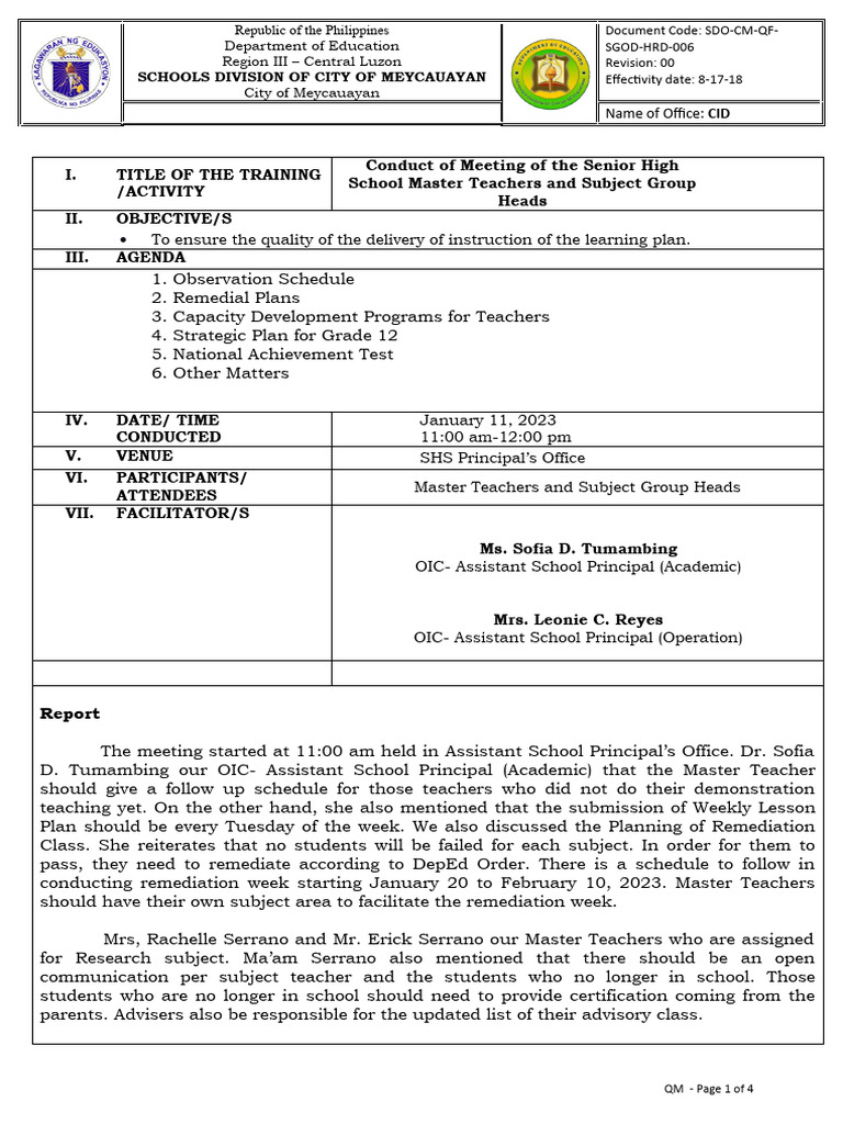 ACR - Conduct of Meeting of SHS | PDF | Career & Growth